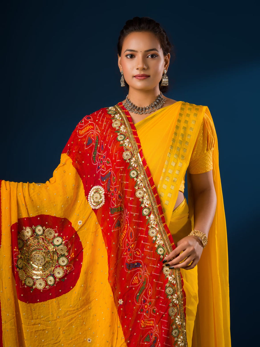 KcPc Pure Georgette Rajasthani Chunri Dupattas Red Lemon Pomcha – KCPC Bandhani