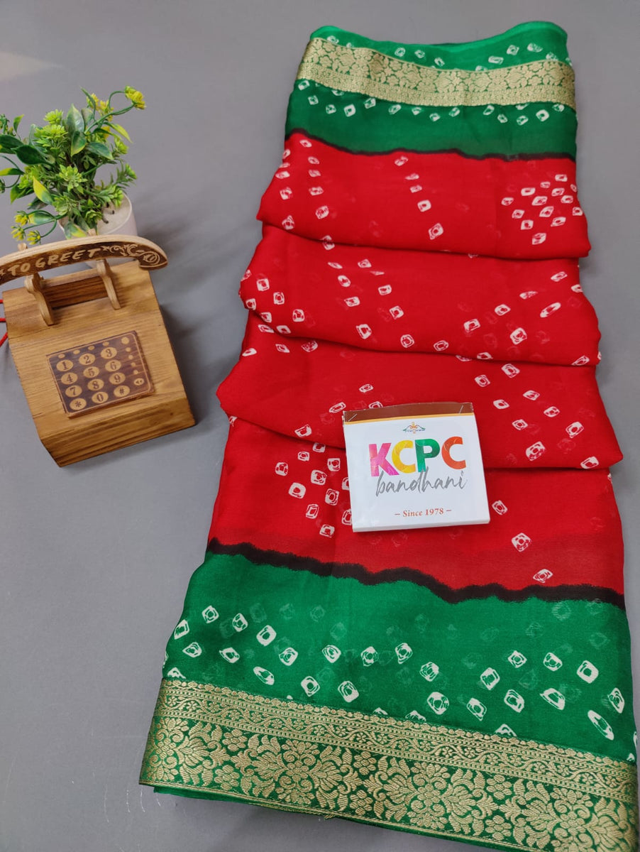 Rajasthani Bandhani Pure Moss Chiffon Crape Saree | New Bandhej Sarees ...