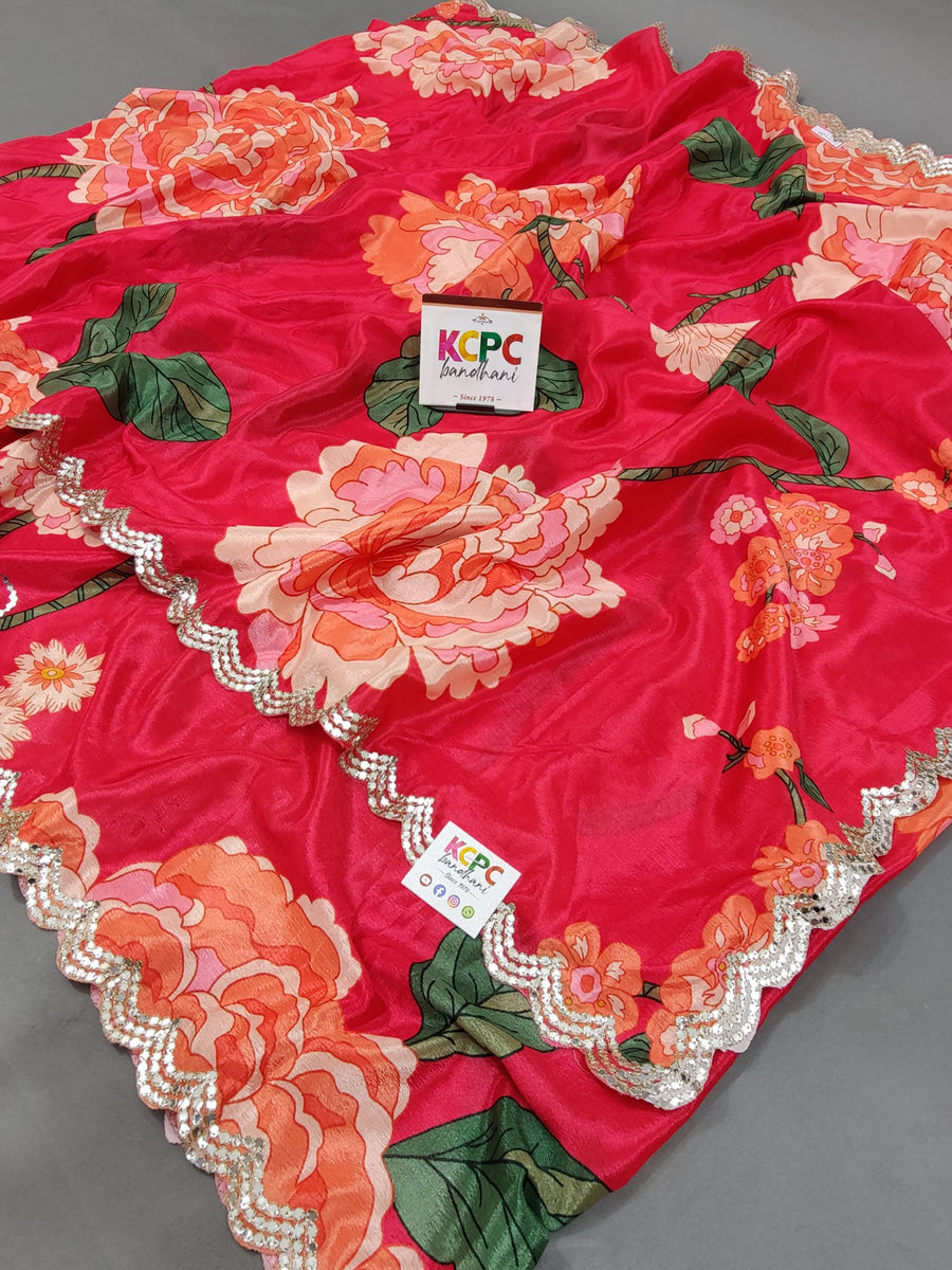 KcPc Latest Chinon Crape Floral Print Gotapatti Cutwork Border Saree A ...