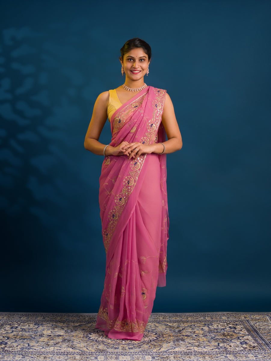 KcPc New Traditional Chiffon Saree with Exquisite Aari Tari Work and E ...