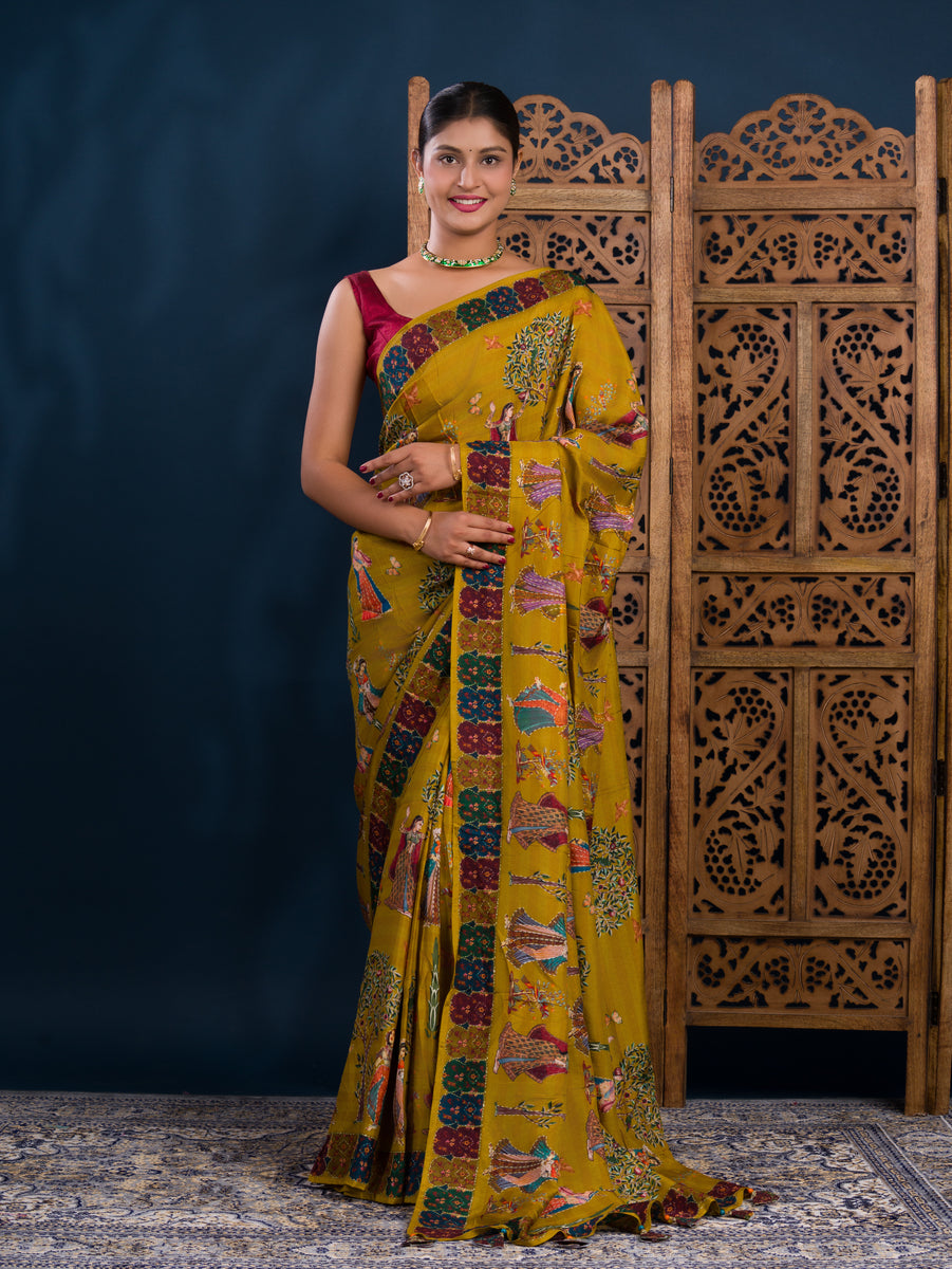 KcPc New Elegant Tussar Silk Kalamkari Saree with Tharad Tari Work SVD ...