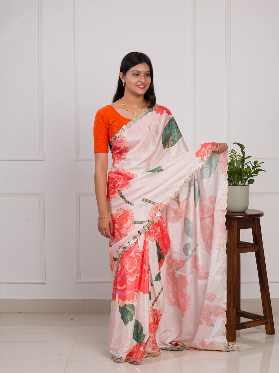 KcPc Special Chinon Crape Floral Print Gotapatti Cutwork Border Sarees ...